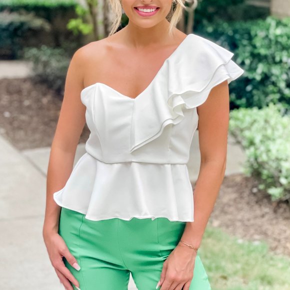 DO+BE | Tops | White One Shoulder Ruffle Top | Poshmark